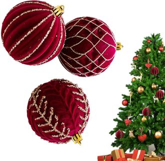 Generic Rote Weihnachtskugeln, Samt-Weihnachtskugeln, Weihnachtsbaumschmuck, Beflockungskugel, bruchsicher, Weihnachtsbaum-Dekoration, 3 St&uuml;ck, Weinrot Befloc
