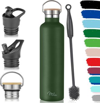 Milu Edelstahl Trinkflasche 350ml 500ml 750ml 1000ml (+3 Deckel) Thermosflasche mit Strohhalm, Isolierte Wasserflasche, Auslaufsichere Isolierflasche doppe