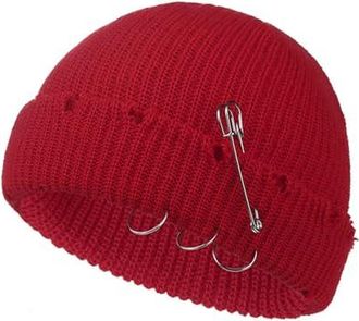 Generic Bonnet tricot&eacute; avec d&eacute;coration et &eacute;pingle unisexe c&ocirc;tel&eacute; doux unisexe pour homme et femme, bonnet dhiver en tricot doux et chaud, 01 - Rouge, taille u