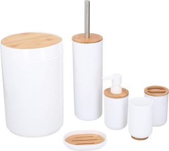 Alpina Badezimmer Set - Bambus Bad Zubeh&ouml;rset - Toilettenzubeh&ouml;rset mit Lotionspender, M&uuml;lleimer, Zahnb&uuml;rstenhalter, Zahnputzbecher, Toilettenb&uuml;rste und Seif