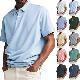 Generic Polo dété à manches courtes pour homme, haut de golf décontracté, boutonné, couleur unie, t-shirts tendance 2025, Polo Bleu Clair Homme, 5XL