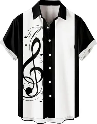 Generic DENGJIAMY Chemise hawaïenne boutonnée à manches courtes pour homme Motif notes de musique Clé de sol Haut dété pour homme, blanc, 4XL