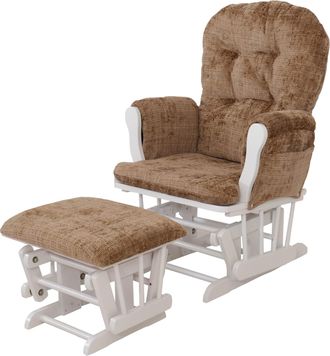 Mendler Relaxsessel HWC-C76, Schaukelstuhl Schwingstuhl mit Hocker Stoff Chenille (465g/m&sup2;) &Ouml;ko-Tex - Hellbraun, Gestell wei&szlig;