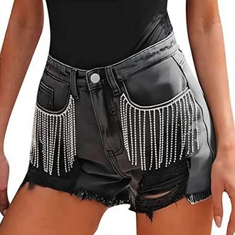Generic Pantalon pour femme taille 42 - Short en jean à franges en strass - Taille mi-haute - Ourlet déchiré - Extensible - Short en jean effiloché - Veste en