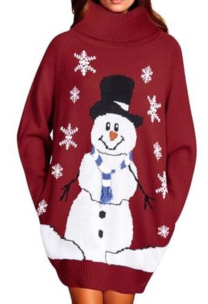 Pink Queen Robe pull femme oversize en grosse maille avec col roul&eacute; pour No&euml;l, Rubis, XL