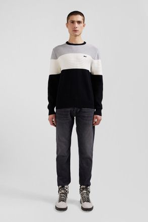 Eden Park Pull Col Rond En Coton Gris Et Blanc &Agrave; Jeux De Maille Coupe Regular