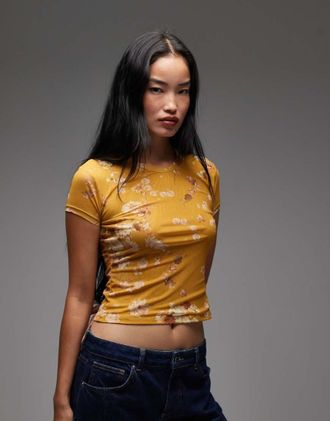 AllSaints Ellie - T-shirt en tulle &agrave; fleurs - Jaune