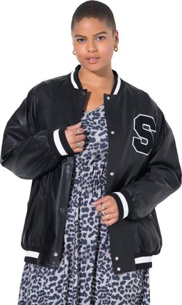 STUDIO UNTOLD Damen gro&szlig;e Gr&ouml;&szlig;en &Uuml;bergr&ouml;&szlig;en Plus Size Collegejacke, Lederoptik, Streifenb&uuml;ndchen schwarz 54+ 842793100-54+