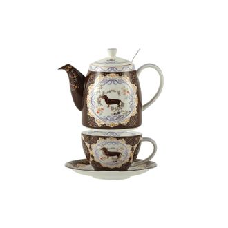 London Pottery Teekannen-Set aus Knochenporzellan, Teekanne und Servierset f&uuml;r einen, Tiermuster, Teekanne, Tasse und Untertasse (Hund)