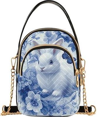Mnsruu Sac à bandoulière pour femme - Motif lapin et fleur - Bleu - Petit sac à bandoulière avec sangle réglable