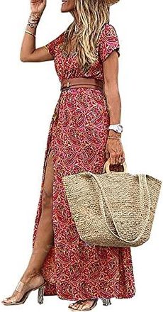 Onsoyours Femme Mini Robe &Eacute;t&eacute; Petite Robe Mi-Longue Manches Casual Robe Chemise Col Rond D&eacute;contract&eacute; A Rouge M