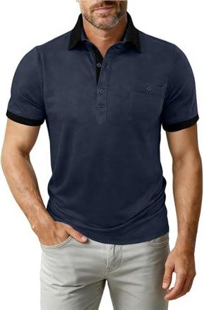 Generic Polo uni &agrave; demi-boutons pour homme - Manches courtes - Style vintage - Col polo - Coupe ample - Confortable - Respirant - Pour la course &agrave; pied en ple