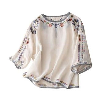 Generic Haut d&eacute;t&eacute; &agrave; manches 3/4 en lin pour femme - Col rond - Broderie florale - Style boh&egrave;me ethnique paysan - Chemisier tendance, beige, XXL