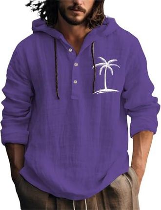 Generic Chemise en lin pour homme - Coton et lin - Sweat &agrave; capuche - Manches longues - Avec capuche - Boutonni&egrave;re - Haut &agrave; capuche - Respirant - Chemise d&eacute;t&eacute; 