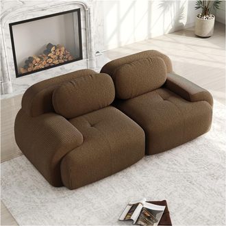 Generic Modulares Schlafsofa mit Ottomane, 3-Sitzer, modulares Cord-Sofa, ohne Montage, for Wohnzimmer, rahmenloses Sofa, mit gebogenen Armlehnen(Marrone,2S)