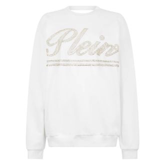 Philipp Plein Femme, Sweatshirts et sweats &agrave; capuche, Blanc, Taille: 42 FR Washed Open Back SweaT-shirt Strass Signature