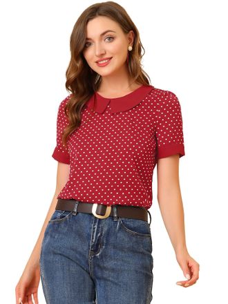 Allegra K Damen Kurzarm Bubikragen Punkte Oberteil Vintage Polka Dots Elegant Top Bluse Rot S