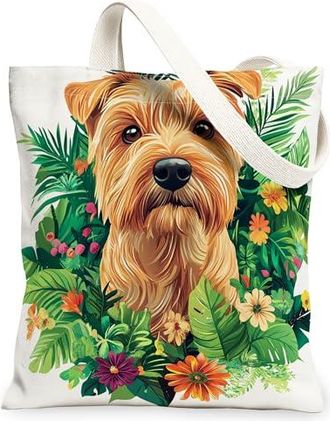 Generic Sac fourre-tout en toile motif chien norfolk terrier printanier 33 x 38,1 cm, sac d&eacute;picerie r&eacute;utilisable avec motif imprim&eacute; de plantes, fleurs, chiot 