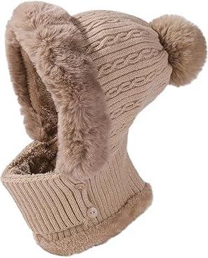 Generic Bonnet 3 en 1 avec &eacute;charpe et masque pour femme, bonnet tricot&eacute; chaud et doubl&eacute; pour lautomne et lhiver, kaki, M/L