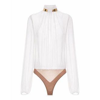 Elisabetta Franchi Femme, Tops, Blanc, Taille: 42 FR Body en tulle stretch