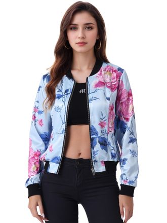 Allegra K Damen Bunt Blouson Fr&uuml;hling Sommer Bomberjacke Blumenmuster Rei&szlig;verschluss Jacket Blau Rosa S