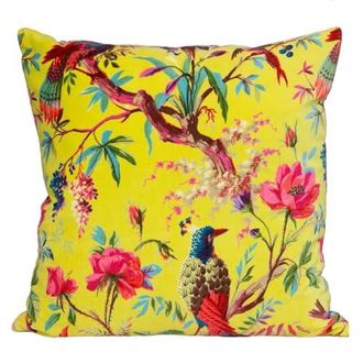 Riva Paoletti Riva Paradies Platz Kissenbezug Acacia Gelb Bunter Vogel Druck Samt-Gewebe Maschine waschbar 100% Baumwolle 50 x 50 cm (20 x 20 Zoll), Aracia, Akazie