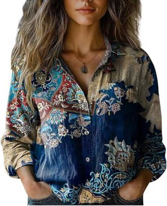 Minetom Chemisier Femme Vintage Boho Blouse Shirts Tops D&eacute;contract&eacute; Manches Longues Imprim&eacute; Tunique Hauts avec Boutons A Bleu 4 L