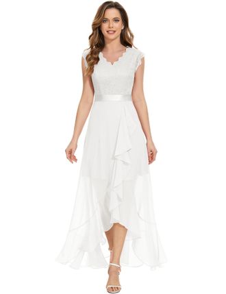 Dressystar Damen Elegant Abendkleider Hochzeit V-Ausschnitt Cocktailkleid Maxi Lang Brautkleid Standesamt Wei&szlig; M