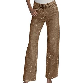 Generic Jean taille haute avec strass scintillants pour femme - Pantalon baggy droit et large - Diamant brillant - Style d&eacute;contract&eacute; - Pantalon en jean &agrave; pail