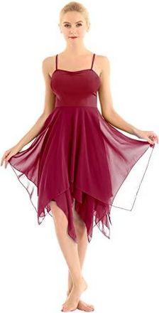dPois Asymétrique Robe de Danse Classique Femme Robe Danse Latine Jazz Ballet Gymnastique sans Manches Costume Spectacle S-XXL Vin Rouge M
