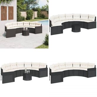 vidaXL Gartensofa mit Tisch und Kissen Halbrund Schwarz Poly-Rattan - Gartensofa - Outdoor-Sofa - Halbrunder Gartensofa - Lounge Set - Gartenlounge - Home &
