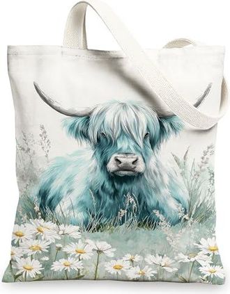 Generic Sacs fourre-tout en toile de vache Highland, motif floral de vache artistique, sacs de courses réutilisables, rustiques, vintage, légers et lavables, 