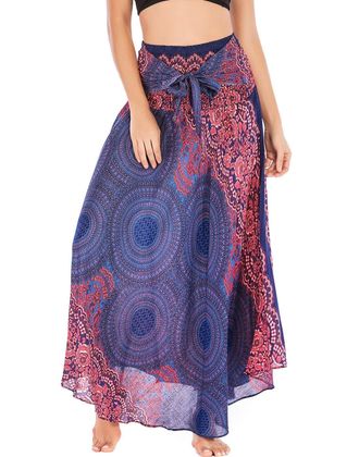 Feoya Lang Gedruckter Rock Damen Chiffon Bohemien Maxirock Verstellbares Riemen Kleid Freizeit Urlaub Sommerrock Strandkleider - Muster 1