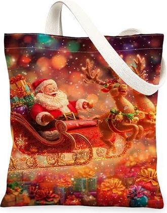 Generic Sacs fourre-tout en toile avec motif de rennes de No&euml;l, sacs de courses r&eacute;utilisables, l&eacute;gers et lavables, Rouge, 13x15 Inch