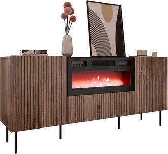 Mirjan24 Kommode Trigev 180 EF mit Elektrischem Kamin, Mehrzweckschrank mit 2 Türen, Realistische LED-Flamme, Anrichte, Highboard, Sideboard, Esszimmer (Nuss W