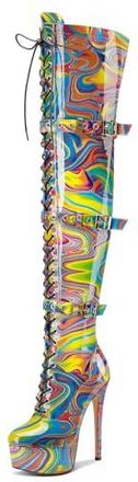 Castamere Femmes au-dessus du Genou Aiguille Talon Heel Plate-forme Bottes Rond Bout Lacets Boucle Fermeture à Glissière 15 CM Heels Graffiti coloré 38 EU