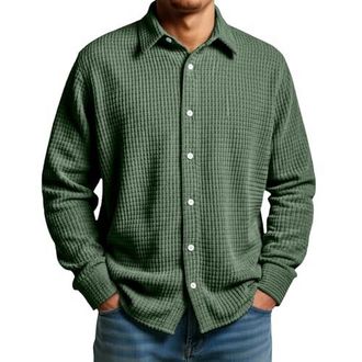 Generic Chemise gaufr&eacute;e pour homme et adulte, chemise &agrave; revers de couleur unie &agrave; manches longues boutonn&eacute;es, style vintage, d&eacute;contract&eacute; et de travail, chemise
