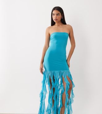 KAIIA Exclusivit&eacute; - Kaiia - Robe bandeau longue en tulle textur&eacute; avec ourlet volant&eacute; - Turquoise-Bleu