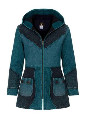 Kunst und Magie Langjacke Vintage Damen Kurz Mantel + Kapuze Stonewashed Jacke Baumwolle Boho Vintage Stonewashed