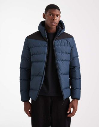 Brave Soul Kurze Steppjacke in Marineblau mit Kapuze und Bahnendesign