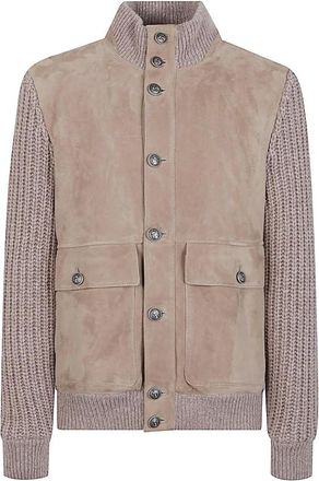 Brunello Cucinelli Homme, Vestes, Beige, Taille: XL Bomber en Daim Beige avec Manches Tricot&eacute;es