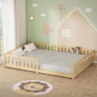 ML Design ML-Design Kinderbett 140x200 cm, Natur, Bodenbett f&uuml;r Kinder mit Lattenrost und Rausfallschutz, Jugendbett aus massivem Kiefernholz, Bettgestell f&uuml;r J