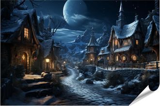 Islandburner Poster Mondlicht &uuml;ber verschneitem Bergdorf - Poster 90x60cm