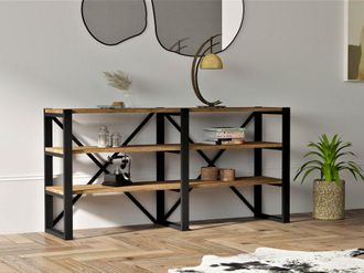 Hanah Home Industrial Bookshelf, Walnut & Black, 133.2 x 65 x 32.1 cm | 100% Melamine Coated Particle Board, 18 mm Thick | Wall-Mountable, Stylish Storage Soluti