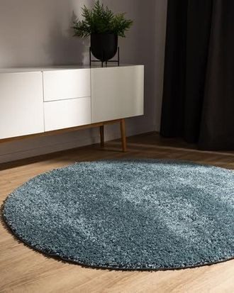 benuta Basic Tapis Poil Long Sohari - Bleu 80 cm Rond - Lavable - Minimaliste - Doux - pour Chambre, Couloir, Salle à Manger - Compatible avec Chauffage au S