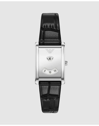 Emporio Armani Uhr mit zwei Zeigern aus schwarzem Leder in Silber