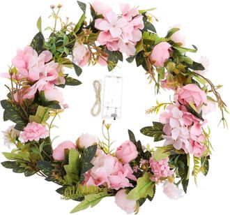 PartyKindom Realistischer H&auml;ngender Blumenkranz mit LED Lichterkette K&uuml;nstlicher T&uuml;rkranz Champagnerfarbene Bl&uuml;ten Dekorativ f&uuml;r Hochzeit Geburtstag Valentinstag 