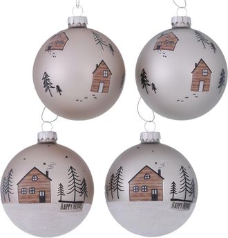 B&B 4 STK Glas Weihnachtskugeln Homewood Häuser 8CM Creme Silber braun Haus Design b940 Christbaumschmuck Weihnachtsschmuck Anhänger Weihnachtsdeko Christ