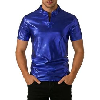 Generic T-shirt brillant pour homme, col montant, coupe ajust&eacute;e, col en V &eacute;tincelant, t-shirt disco v&ecirc;tements tendance, pour &eacute;v&eacute;nements de mode, bleu, XXL