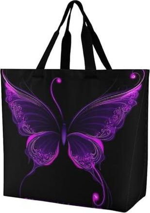 Generic Papillon Violet Et Noir Sac Fourre-Tout R&eacute;utilisable Tote Bag L&eacute;ger Sac A Main Femmes Pour Travail Shopping Quotidienne